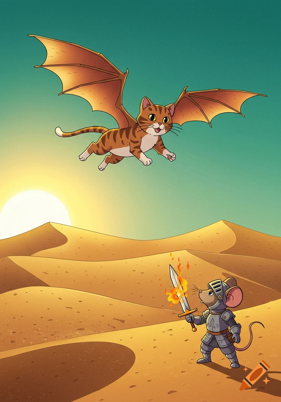 A cute cartoon cat with dragon wings flies over a desert, looking down ...