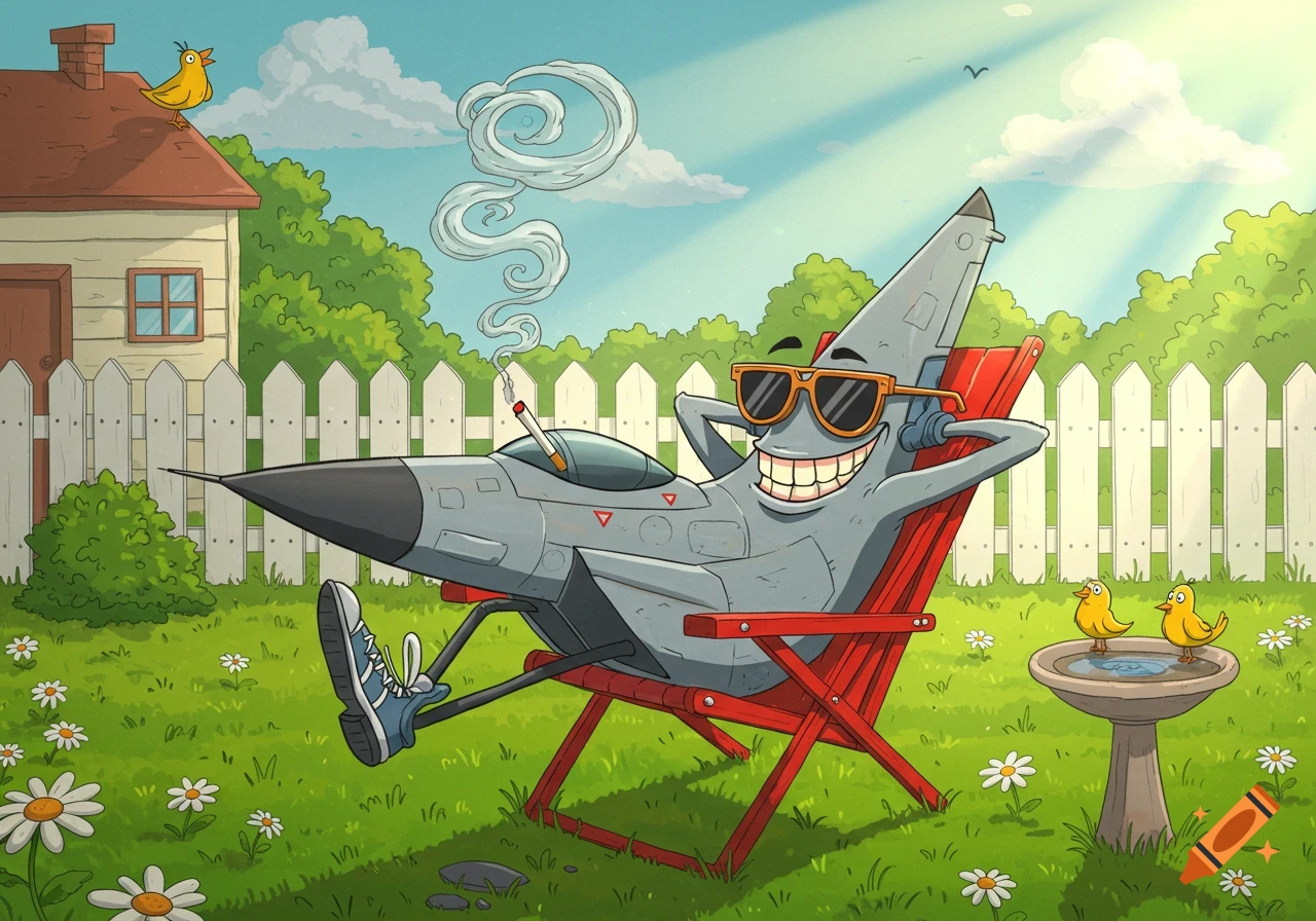 Cartoon fighter jet with sunglasses and a big smile relaxing in a red ...
