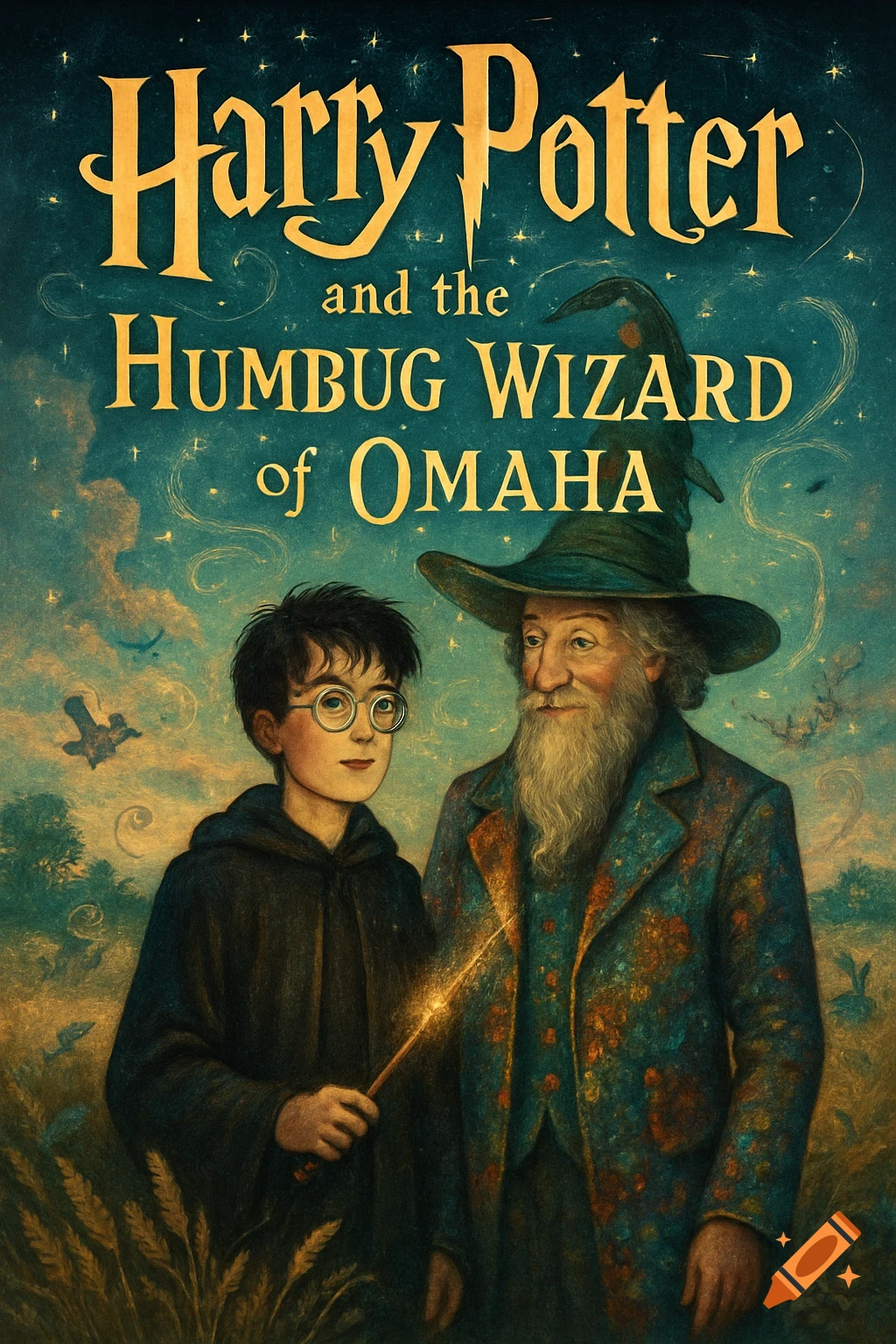 Illustrated book cover featuring young Harry Potter with a wand and an ...