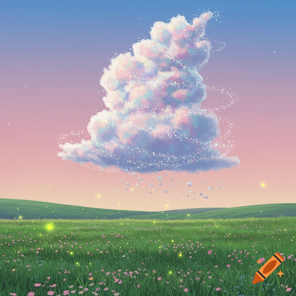 A whimsical digital art landscape featuring a large, sparkling cloud ...