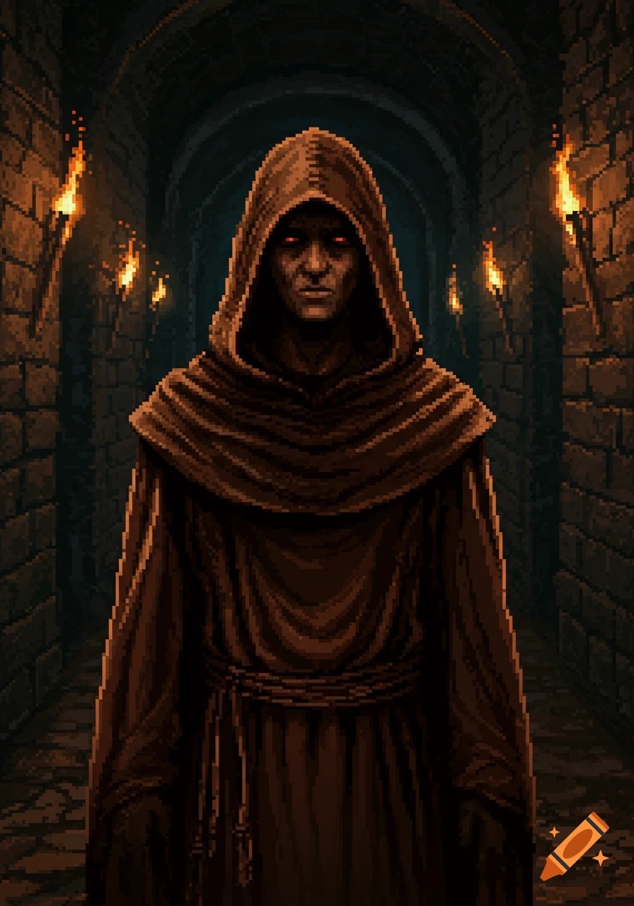A pixel art image of a dark cloaked figure with glowing red eyes in a ...