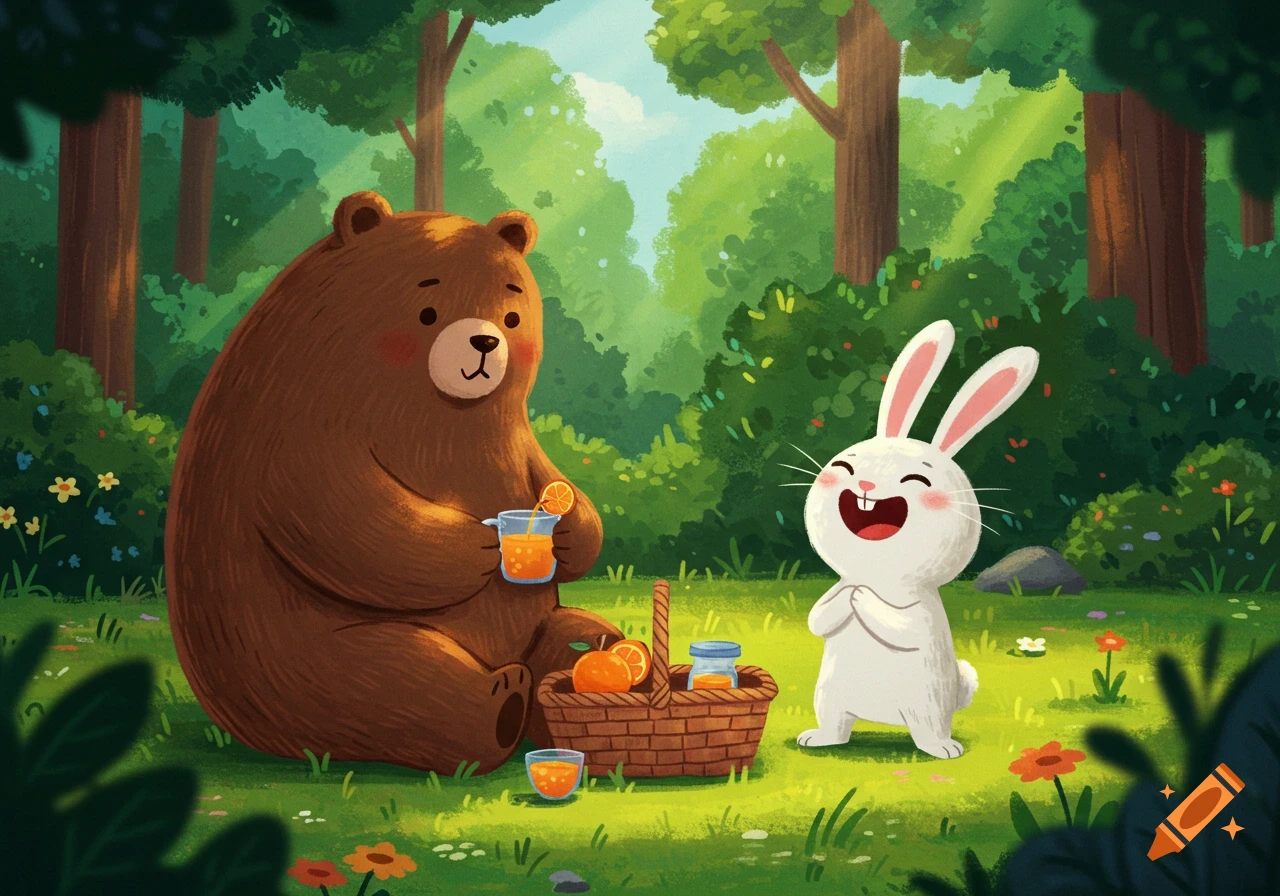 A cheerful brown bear and a giggling white rabbit enjoy a picnic in a ...