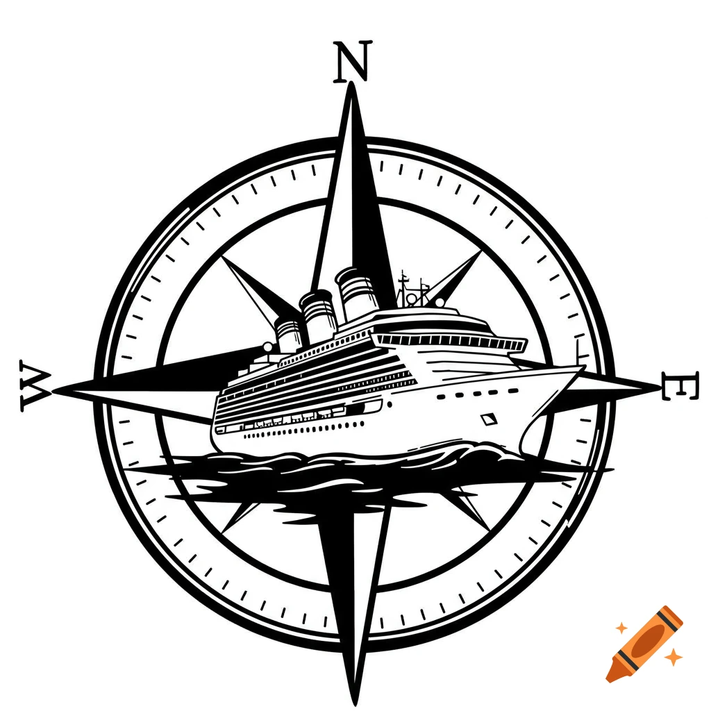 Black and white illustration of a cruise ship integrated into a compass ...
