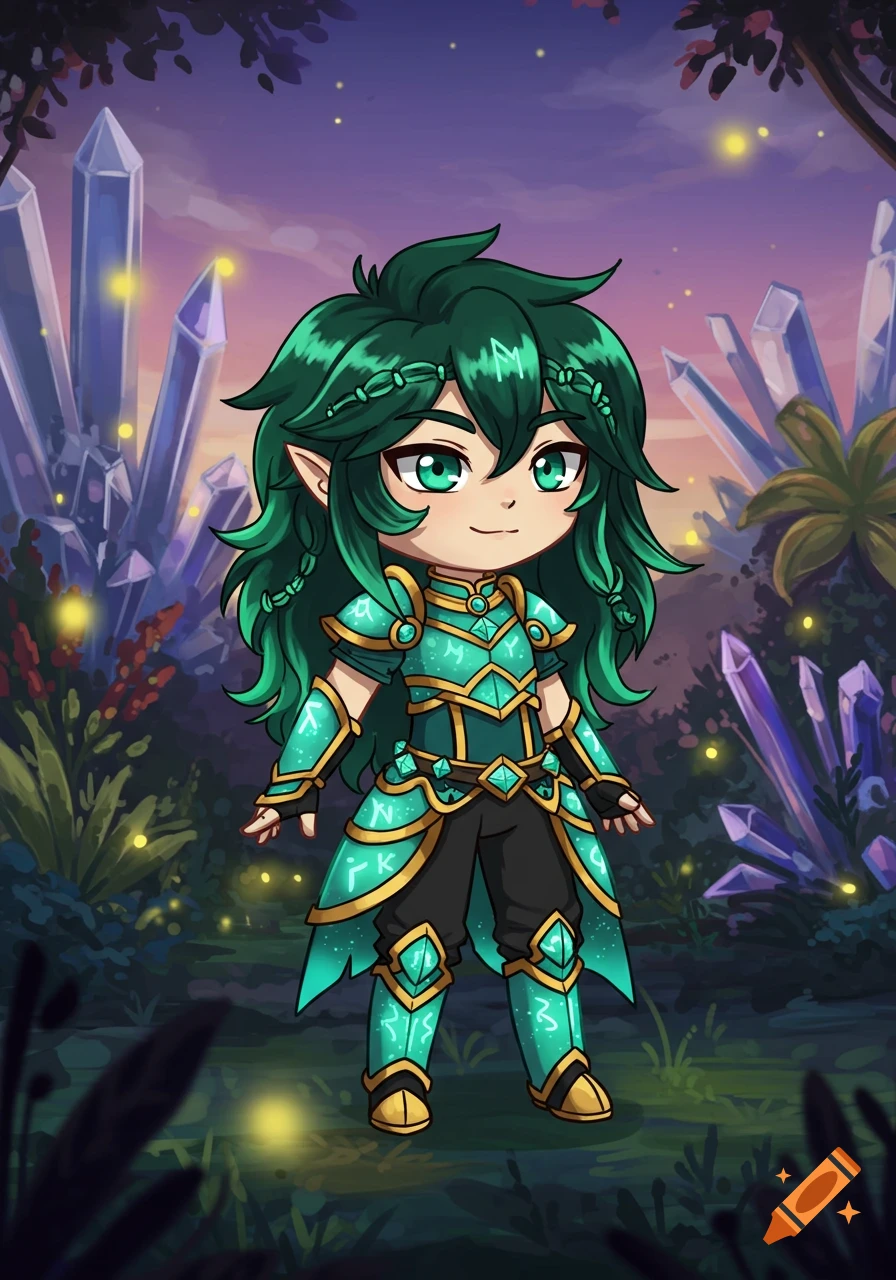 A chibi Gacha character with vibrant green hair and emerald armor ...