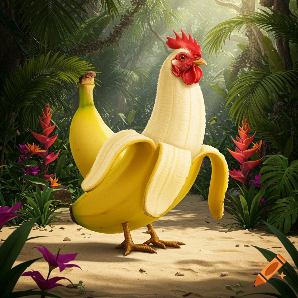 A banana-bodied chicken with its peel opening, standing in a lush ...