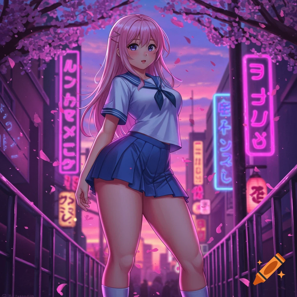 A cheerful pregnant anime woman with colorful hair stands in a vibrant ...