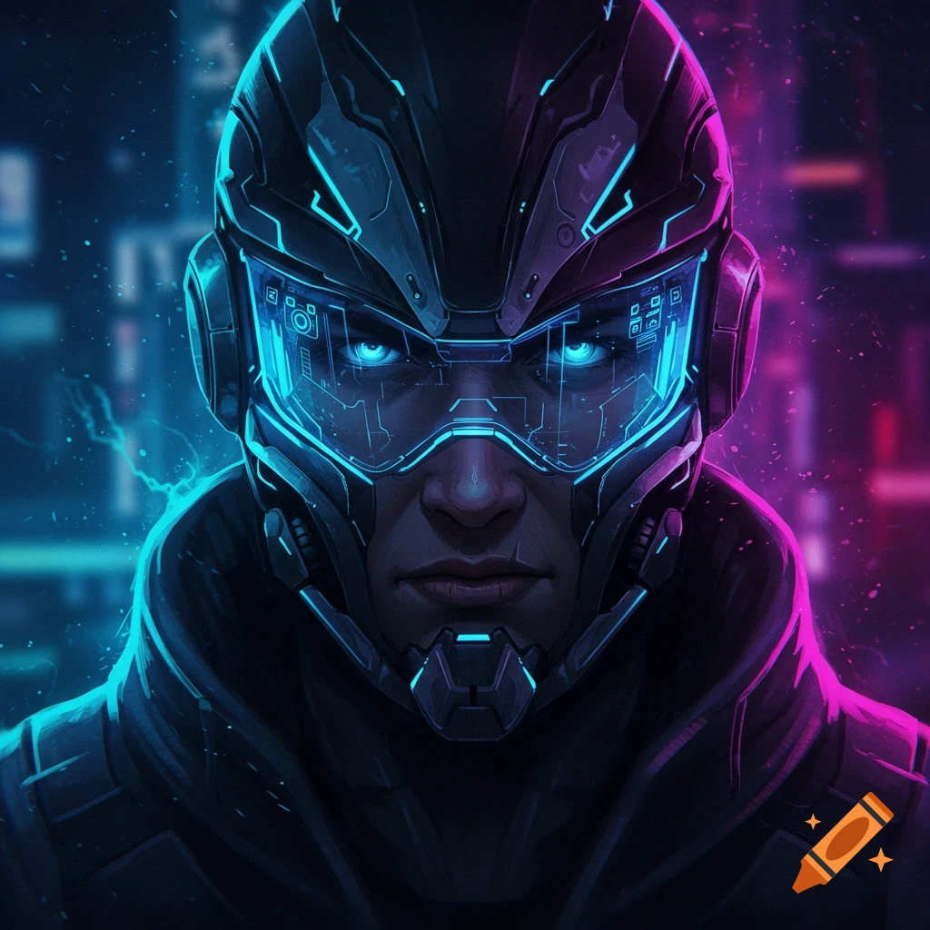 Close-up of a futuristic figure in a black helmet with a glowing blue ...