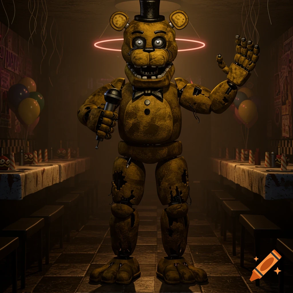 Worn-out Freddy Fazbear animatronic with glowing eyes stands on a dimly ...