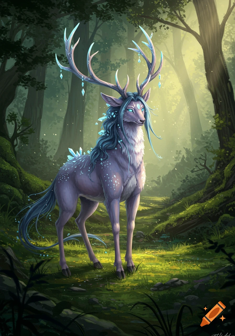 A majestic blue scaled winged deer with antlers stands in a sunlit ...