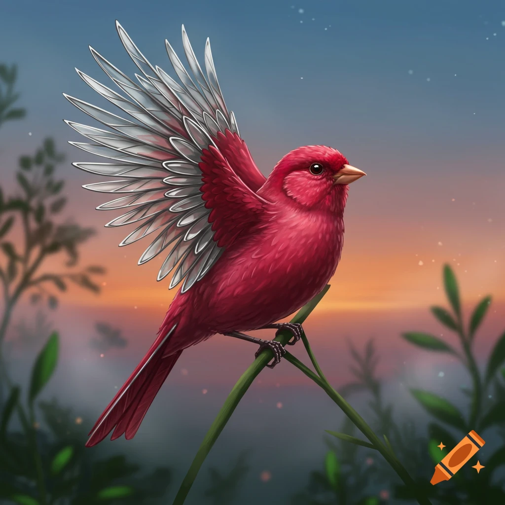 A vibrant ruby red bird with striking silver wings perches on a branch ...