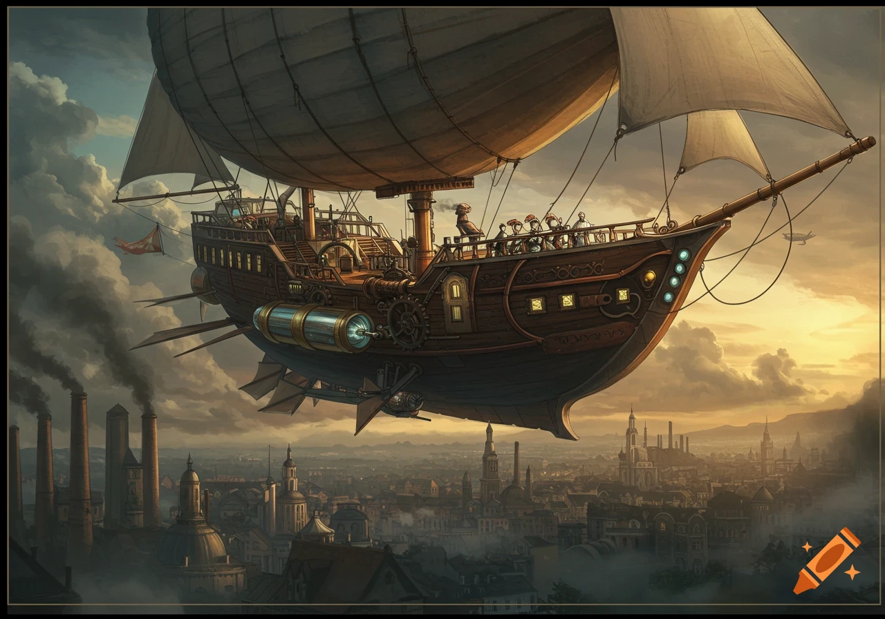 A large steampunk airship with sails flies over a detailed city at ...