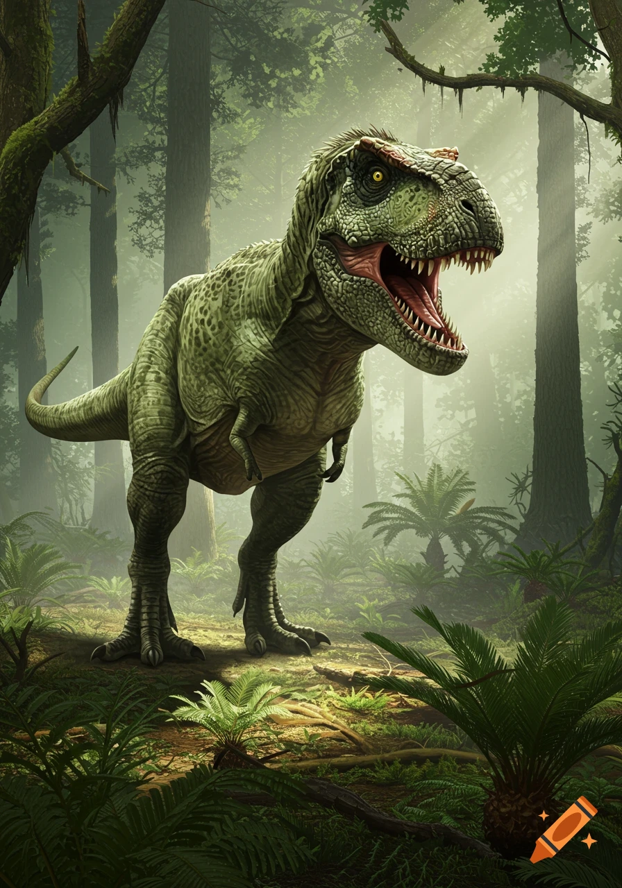 A large, green Tyrannosaurus Rex with its mouth open stands in a lush ...