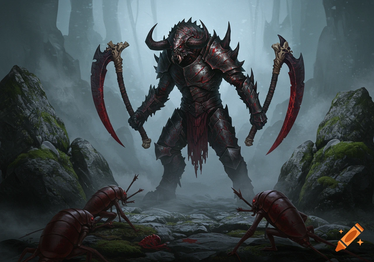 A large, armored, horned monster holding two red scythes stands over ...