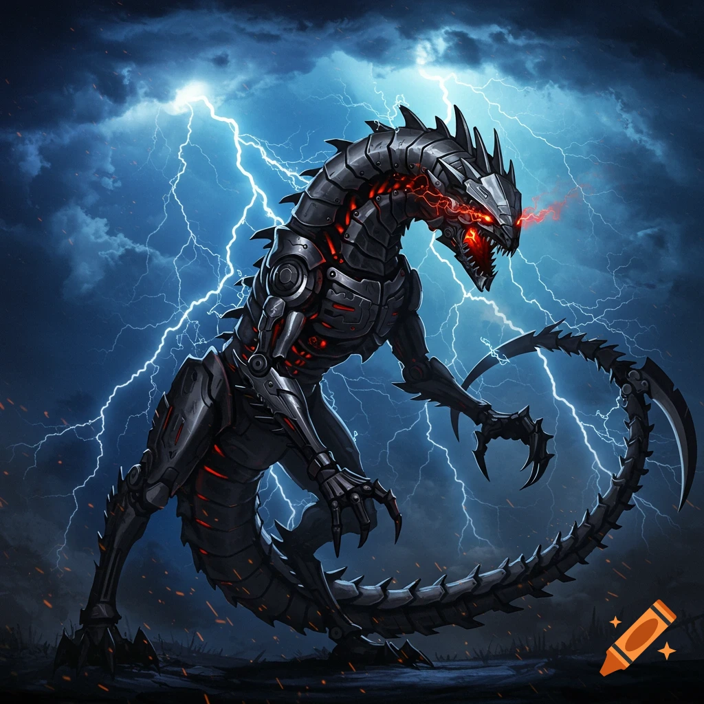 A fearsome metallic monster with glowing red eyes stands amidst a ...