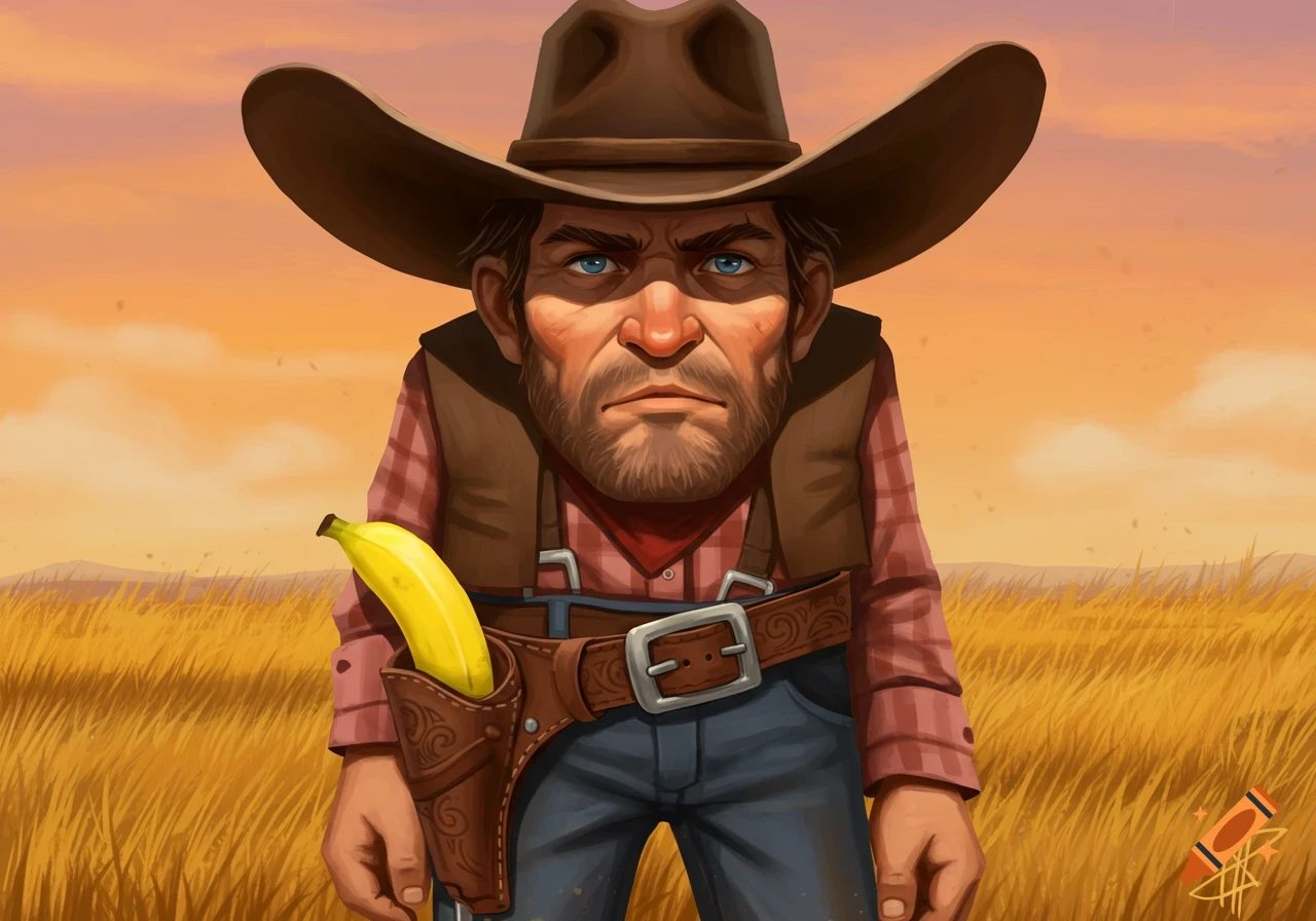 A stylized cartoon cowboy with a large head and a serious expression ...