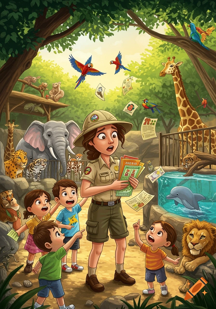A cartoon illustration of a zookeeper looking overwhelmed as several ...
