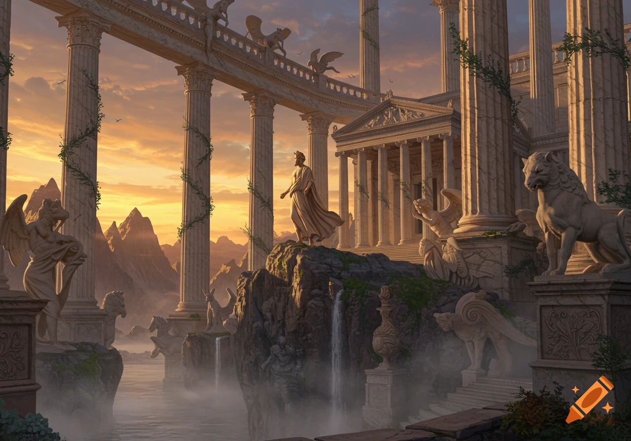 A grand neoclassical temple complex with large pillars, statues, and a ...