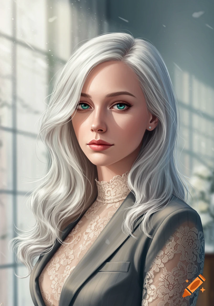 Photorealistic portrait of a woman with long white hair and teal eyes, wearing a grey suit ...