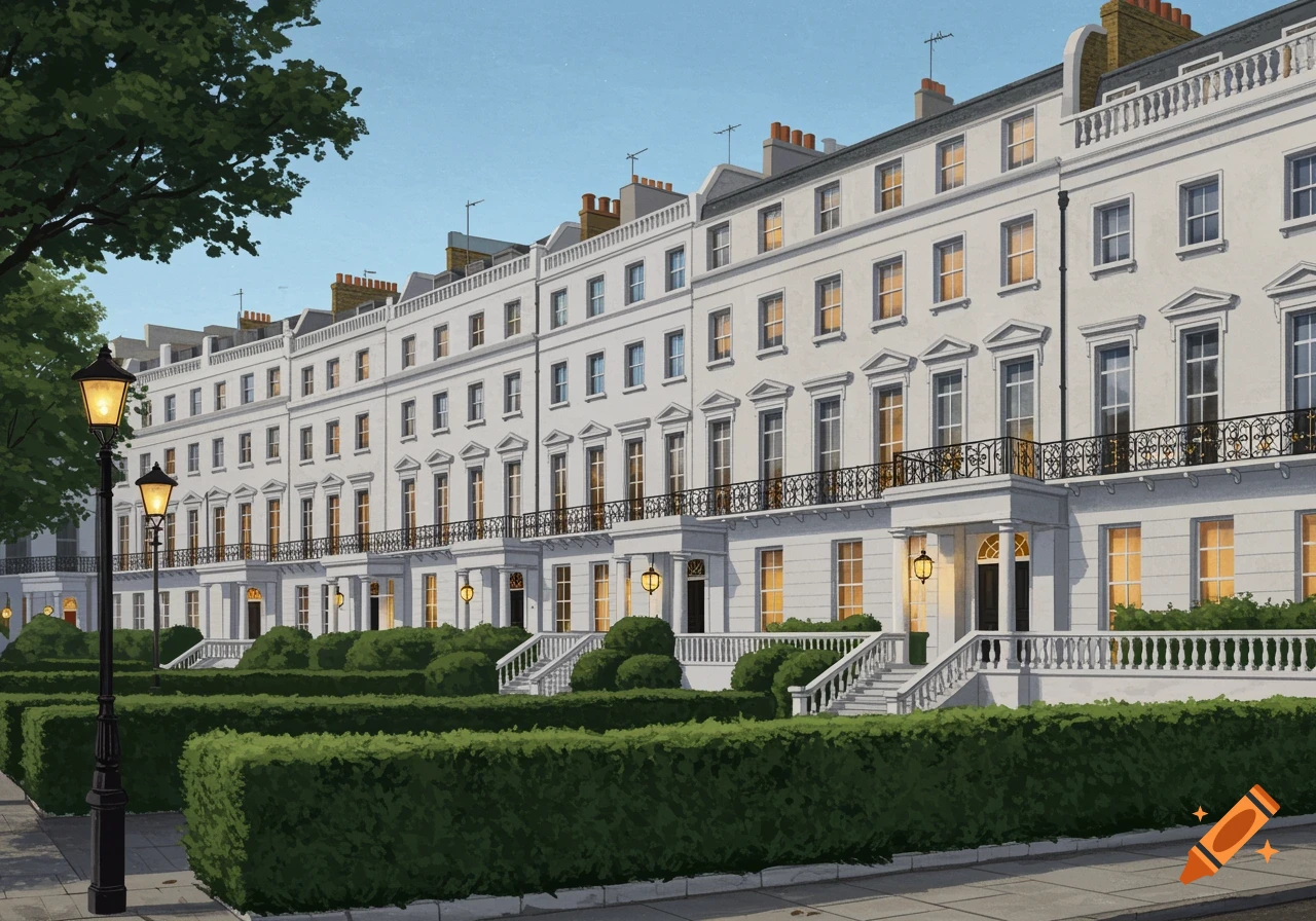 Photorealistic exterior of a luxury townhouse with 'THE DECLAN' written ...