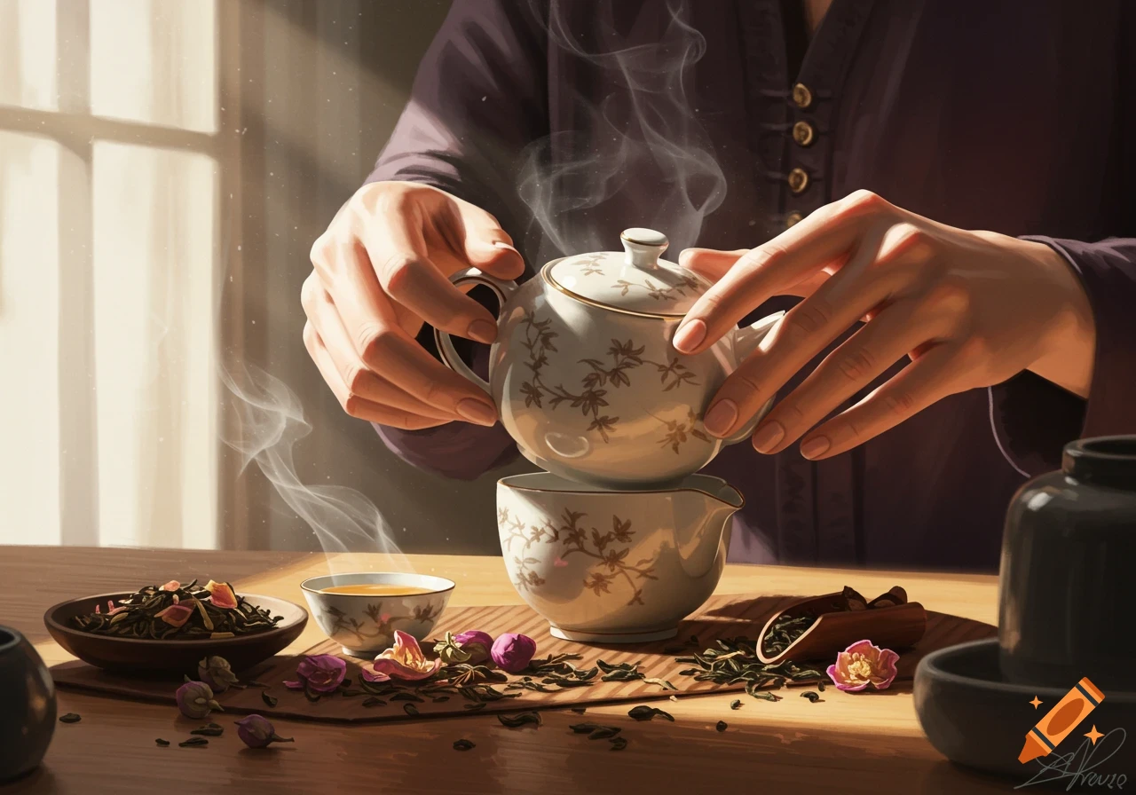 Close-up of hands pouring tea from an ornate teapot into a cup on a ...