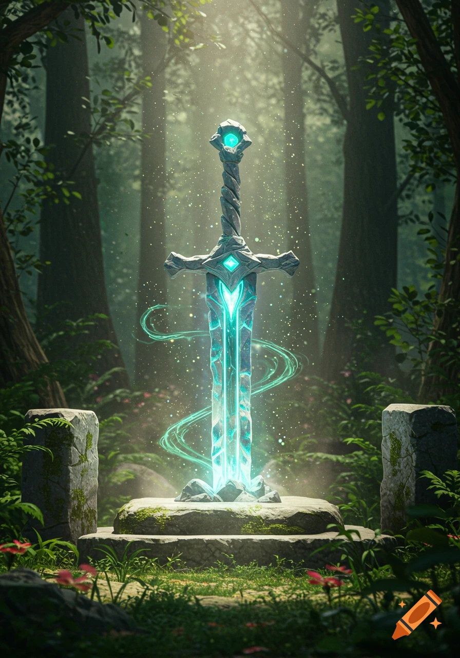 A medieval sword with a green-jeweled hilt stands upright, glowing with ...