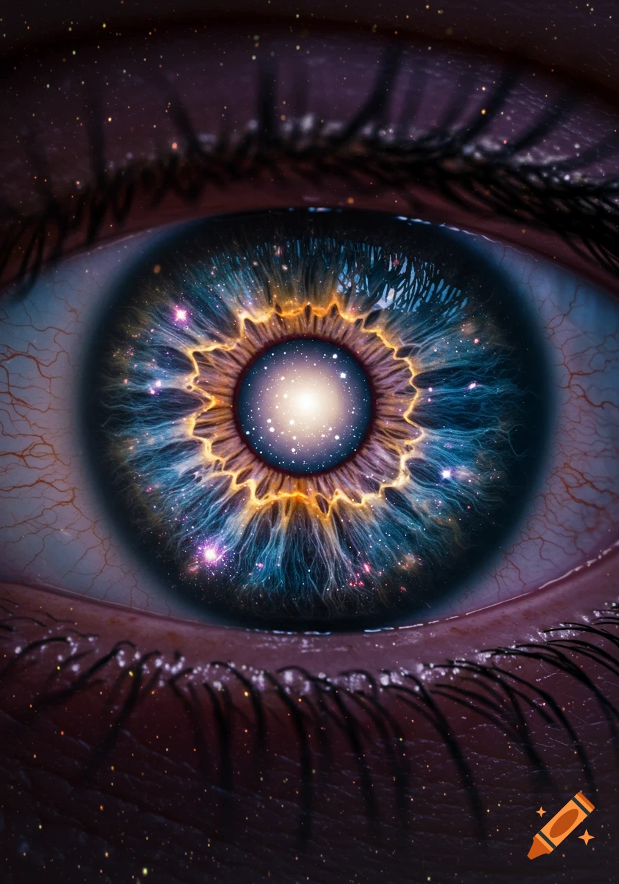 A close-up of a human eye with a cosmic galaxy filling its iris, surrounded by dark, starry ...