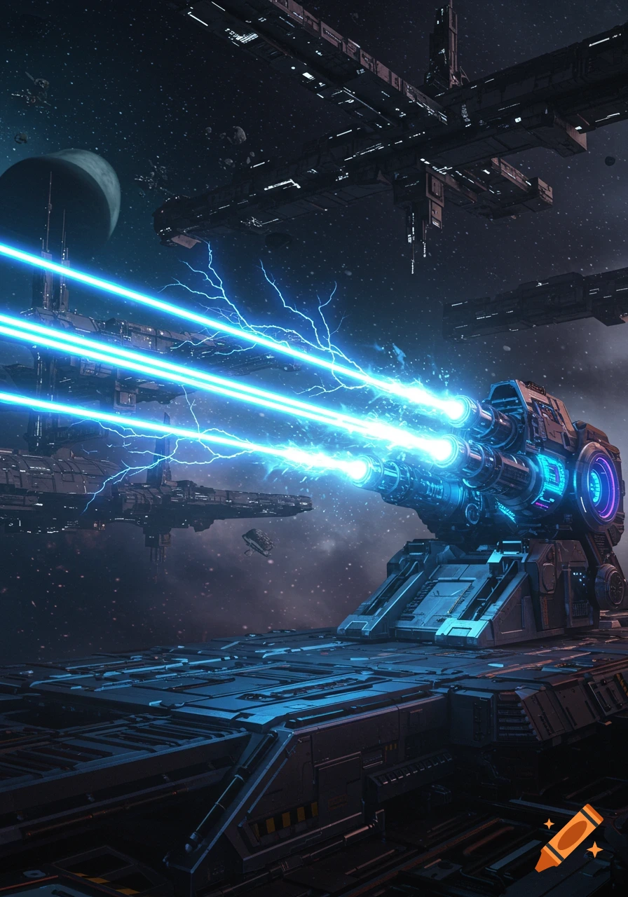 A futuristic laser cannon fires bright blue beams and lightning arcs ...