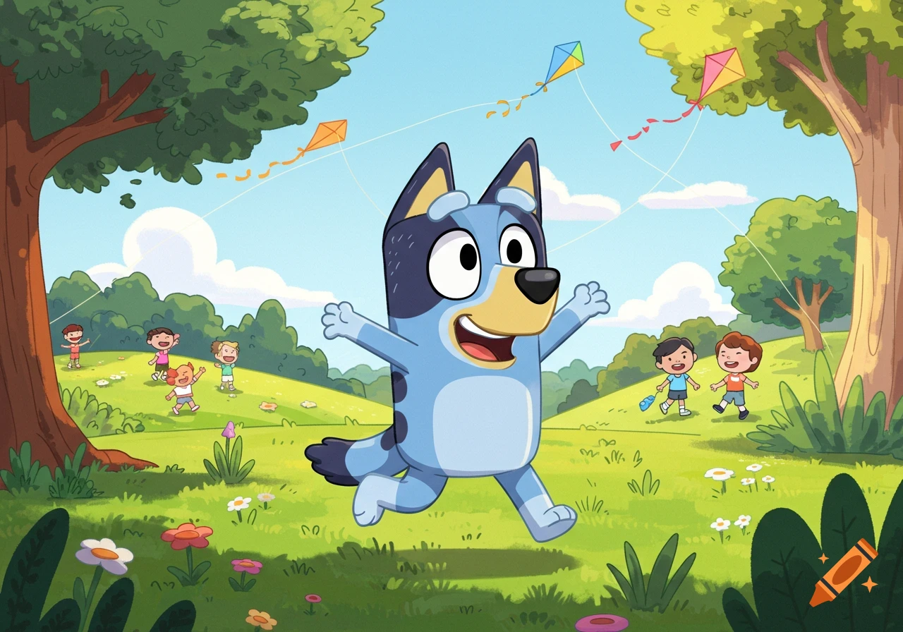 2D cartoon of Bluey Heeler in a green alligator costume tap dancing on ...