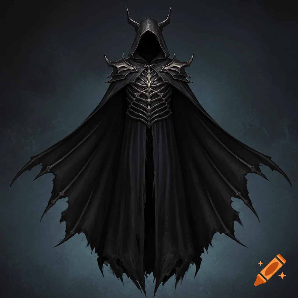 A dark, horned hooded cloak with a bone-like ribcage and tattered, wing ...