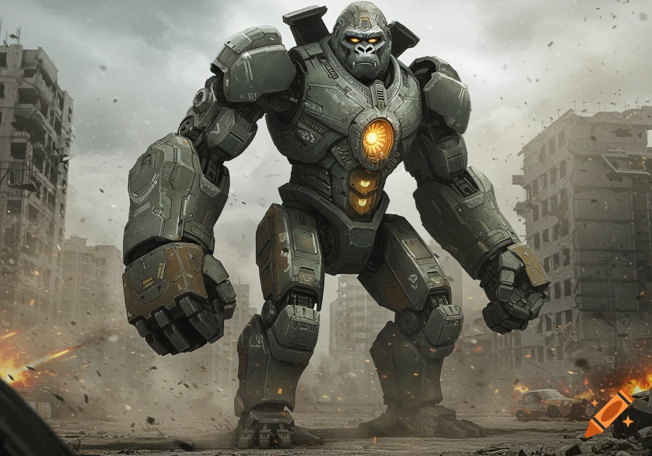 A massive green and blue robot stands in a rainy, neon-lit futuristic ...