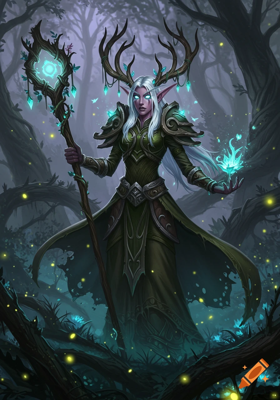 A female night elf druid with white hair, glowing eyes, and antlers ...