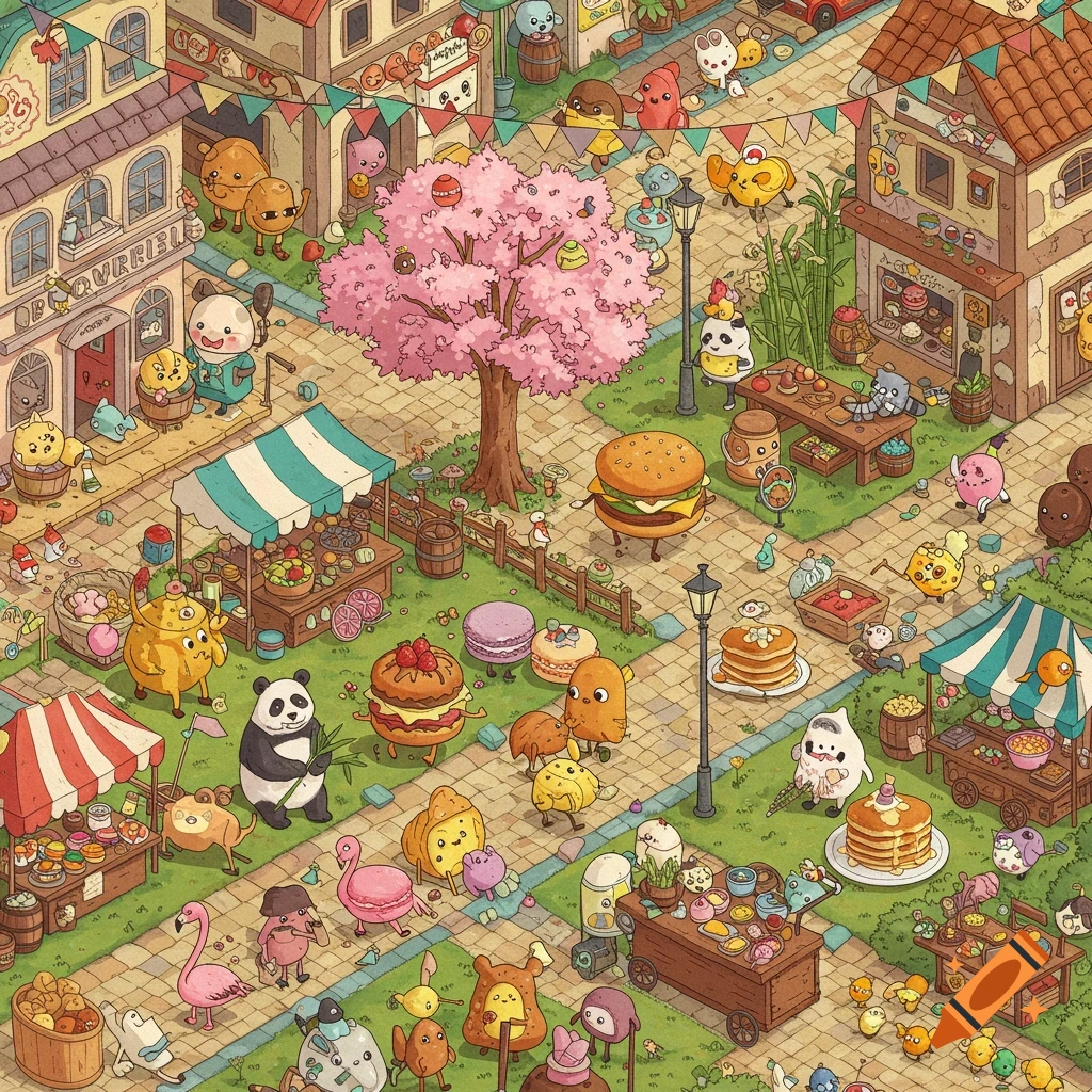 A whimsical, cartoon, bird's-eye view of a bustling town square filled ...