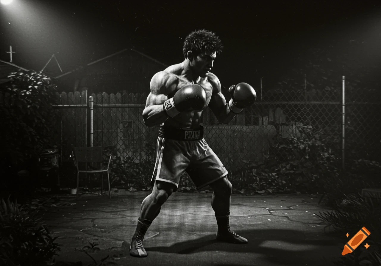 A black and white image of a muscular boxer in a fighting stance in a ...