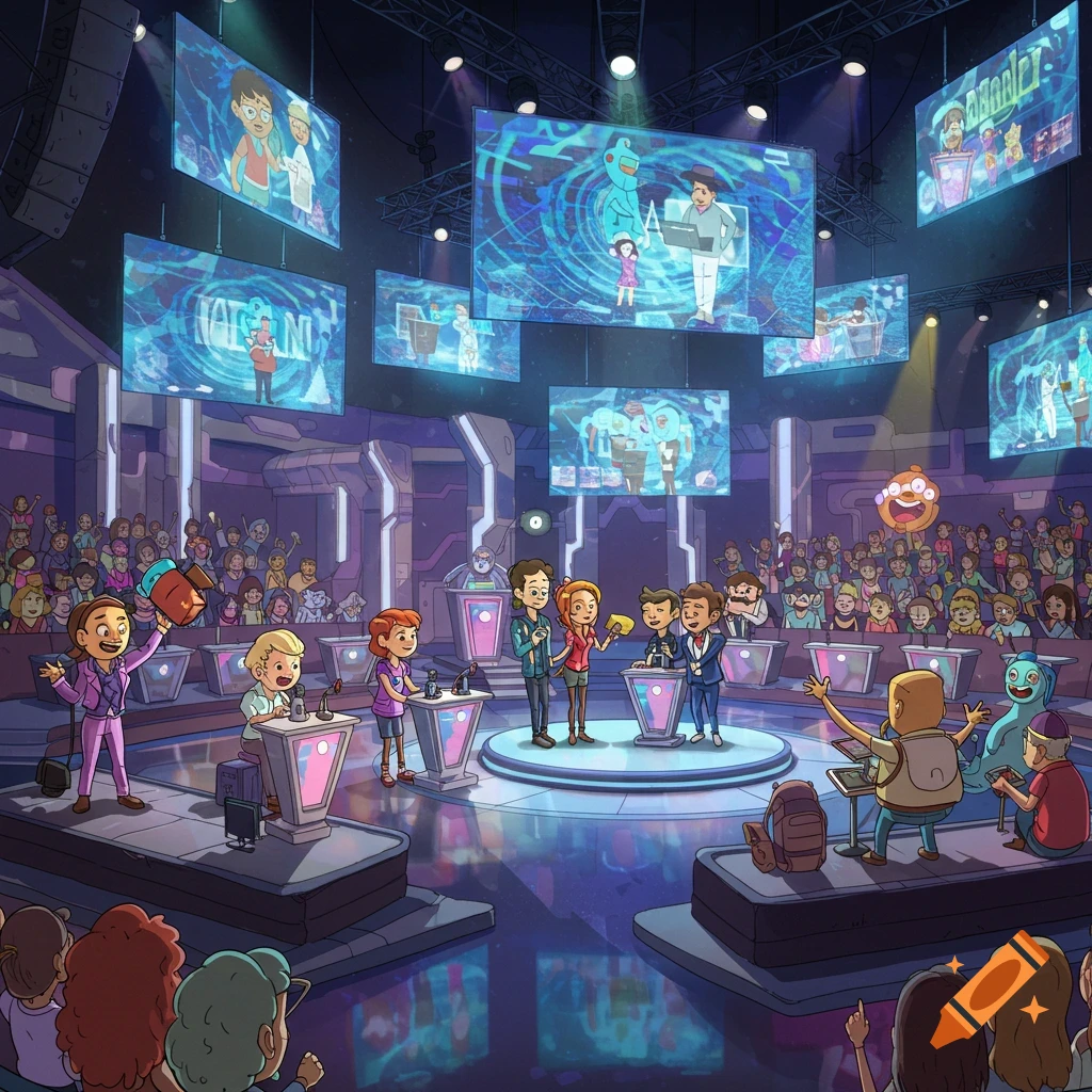 An animated game show with contestants at podiums on a brightly lit ...