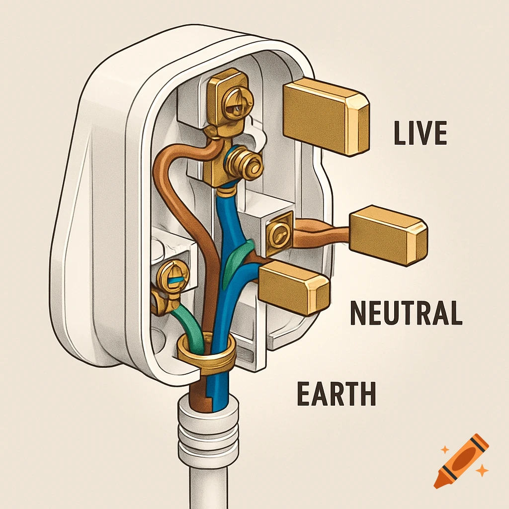 A clear, labeled diagram illustrating the internal wiring of a UK 3-pin electrical plug, showing ...