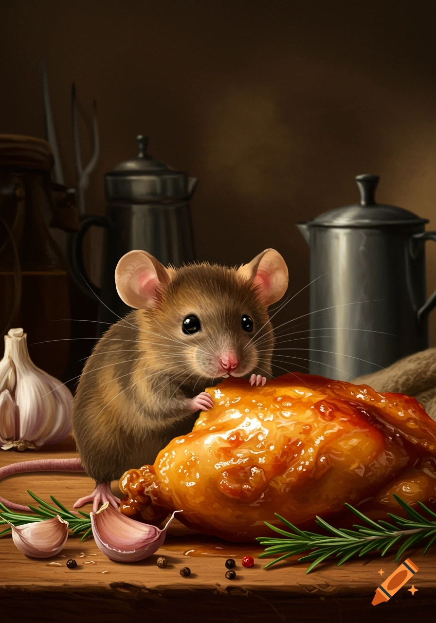 A cute brown mouse with big ears stands on a wooden table, looking at a ...