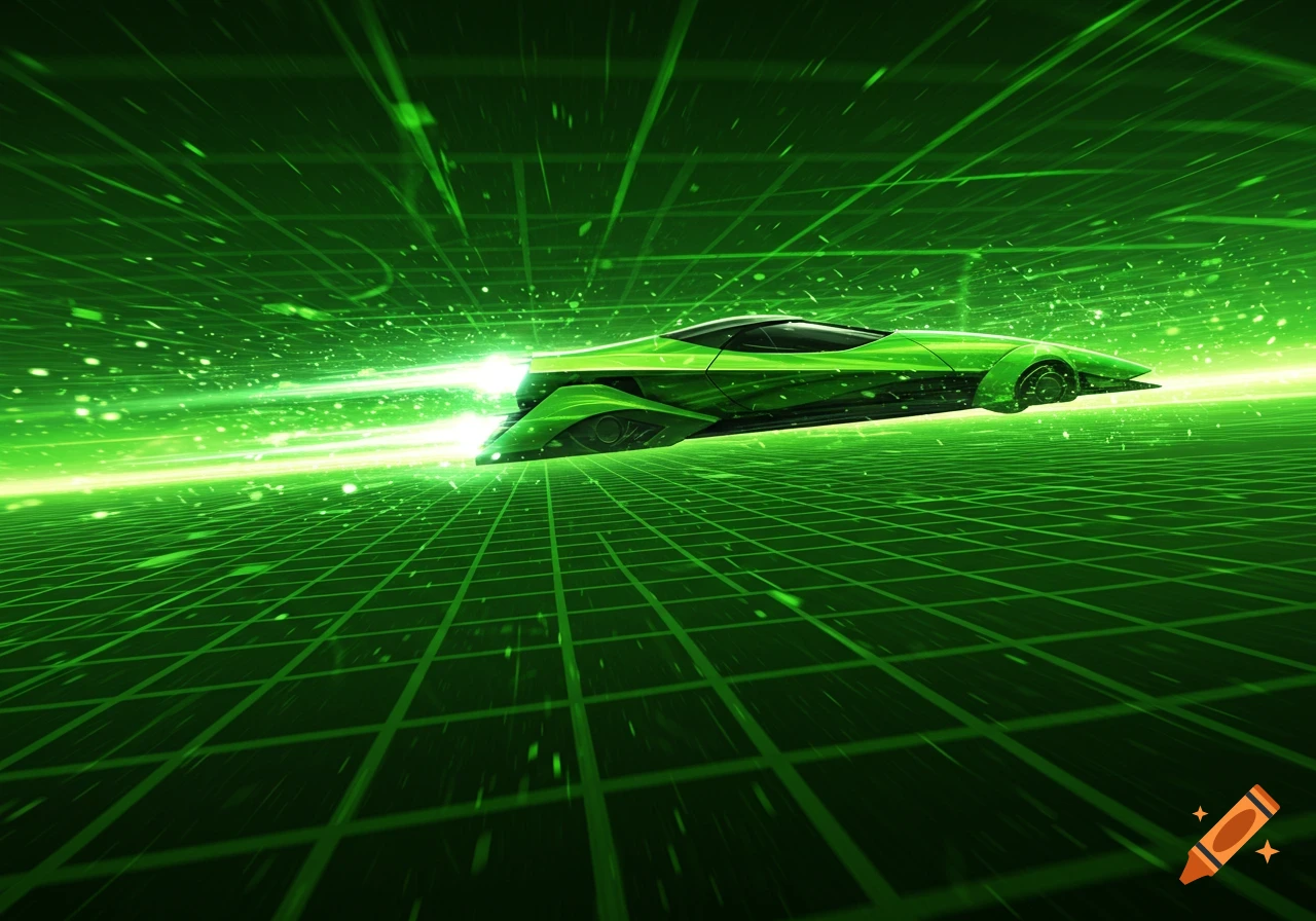 A futuristic green car speeds through a neon green digital grid with ...