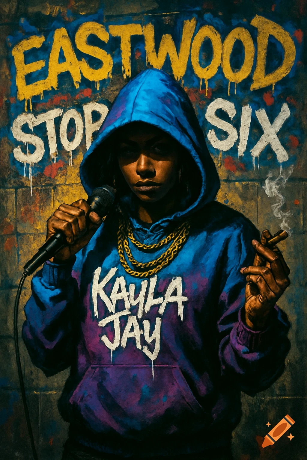 A female rapper in a blue and purple hoodie with "Kayla Jay" text ...