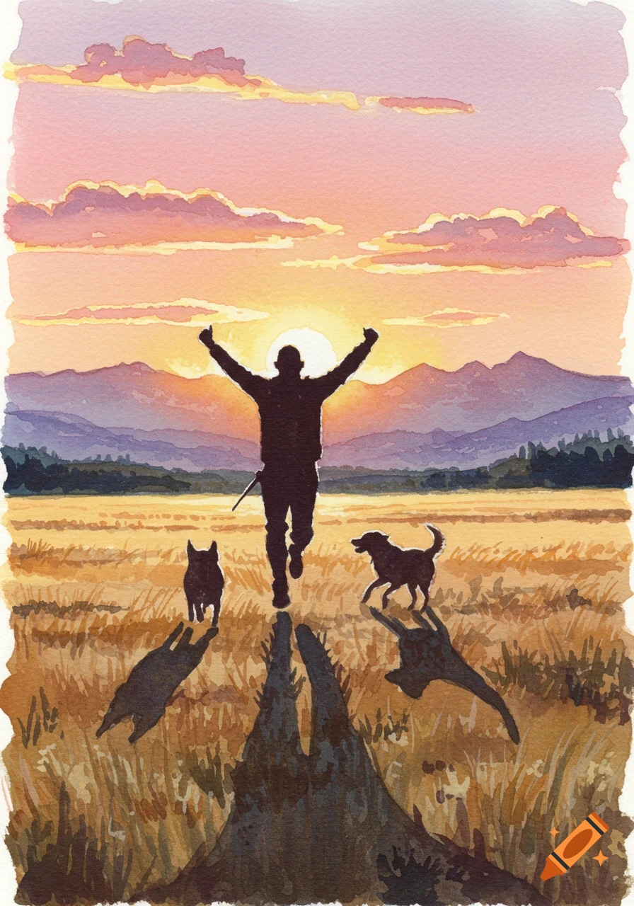 A man and two dogs silhouetted against a vibrant sunset over a field ...