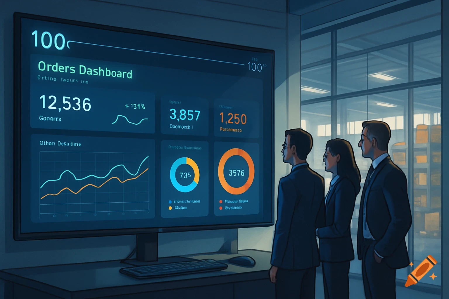 A sunlit warehouse scene features a large stack of various blue and red ...