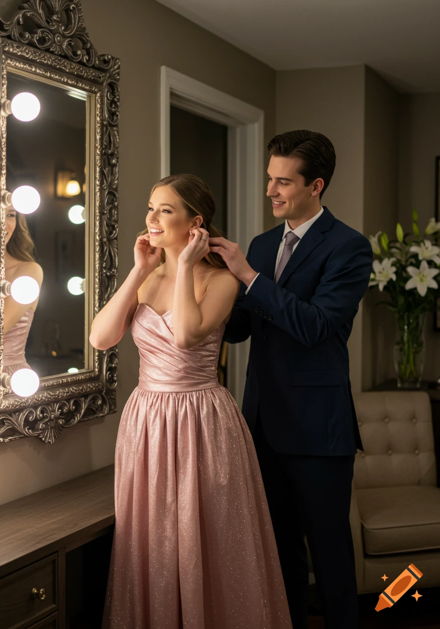 A woman in a strapless pink sparkly dress puts on earrings in front of ...