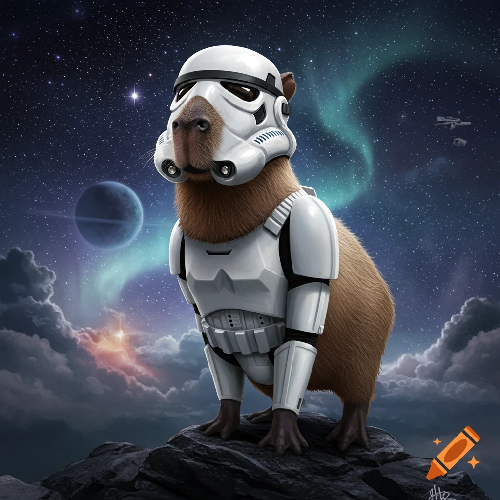 A capybara in Stormtrooper armor stands on a rocky planet under a ...