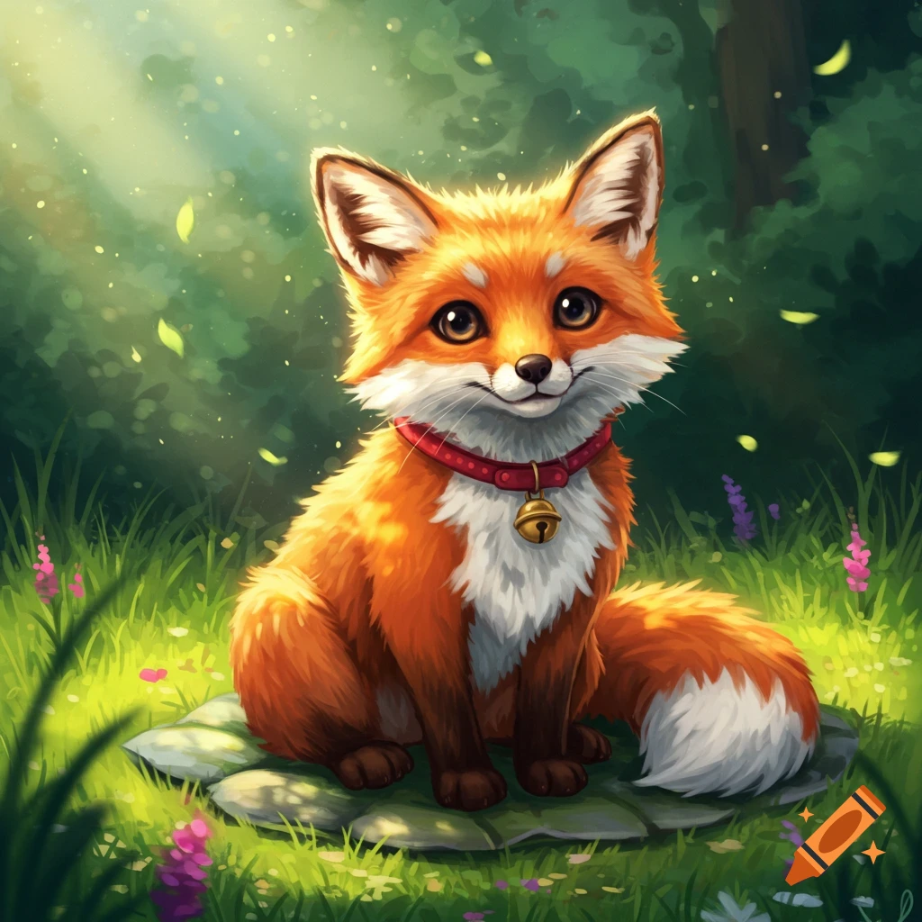 A cute, fluffy orange and white fox with a red collar and bell, sitting ...