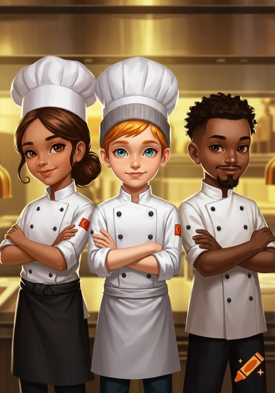 Three diverse cartoon chefs, a girl and two boys, with crossed arms in ...