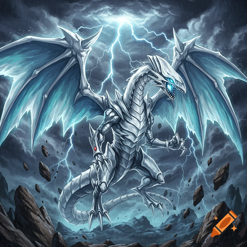 An intimidating white dragon with large, light blue wings and glowing ...