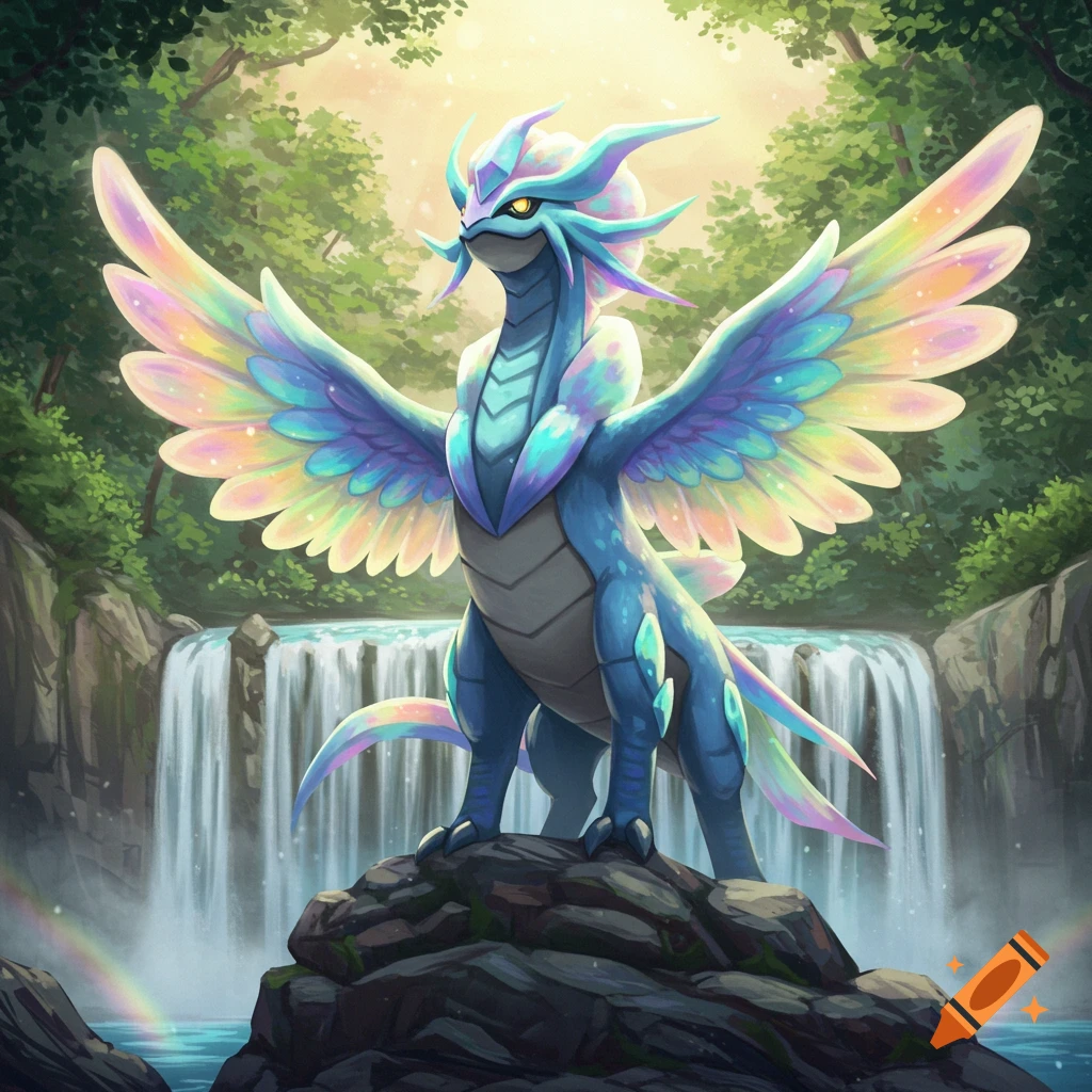 A stylized illustration of a white and purple dragon-like creature with ...