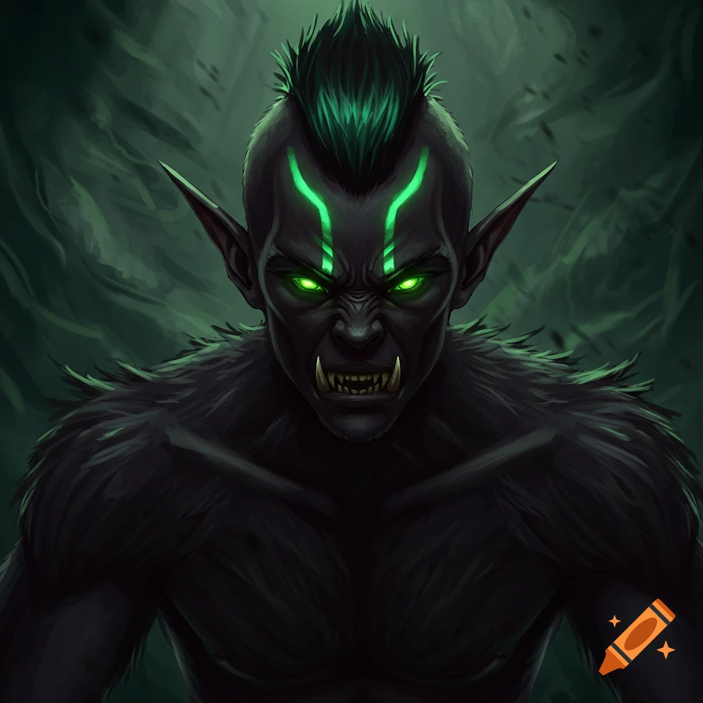 A dark fantasy creature with pointed ears, fangs, a green mohawk, and ...