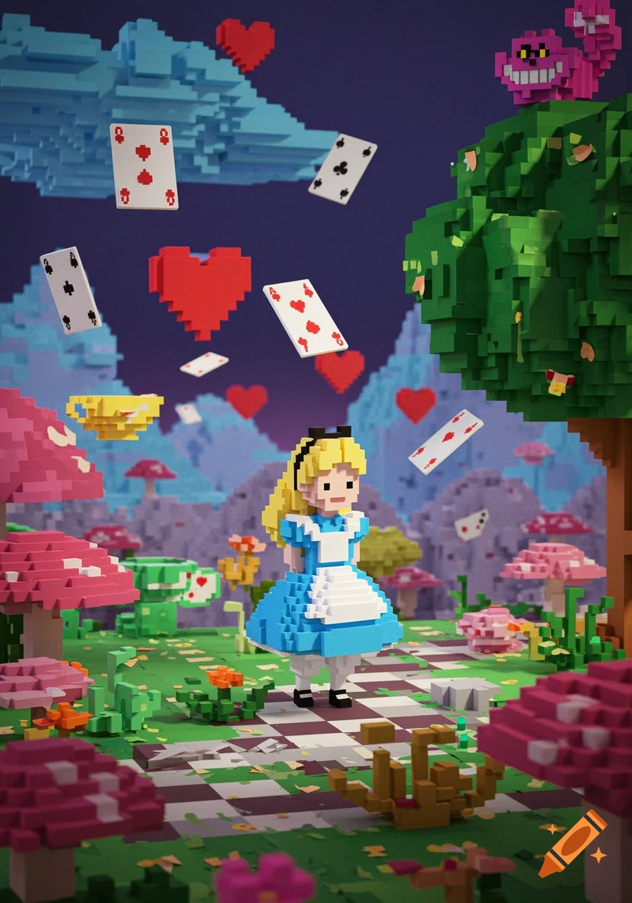 Pixel art Alice in Wonderland. Alice on a checkered path, giant ...
