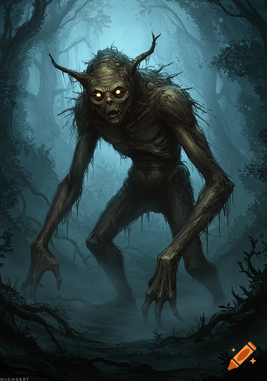 A female werewolf with glowing purple eyes, dark fur, and tattered clothing lunges forward in a ...