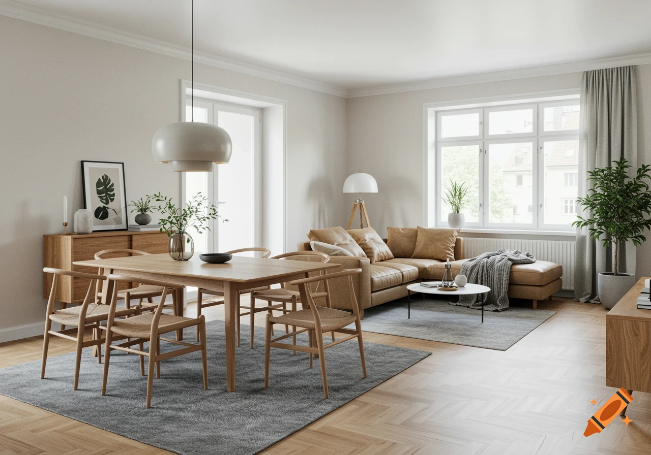 A bright Scandinavian style open-plan living and dining room with ...